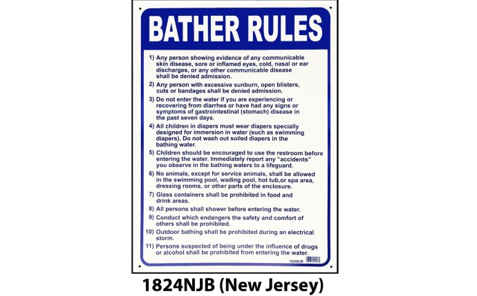 POOL360 | 18" x 24" Vertical BATHER RULES Sign (NJ)